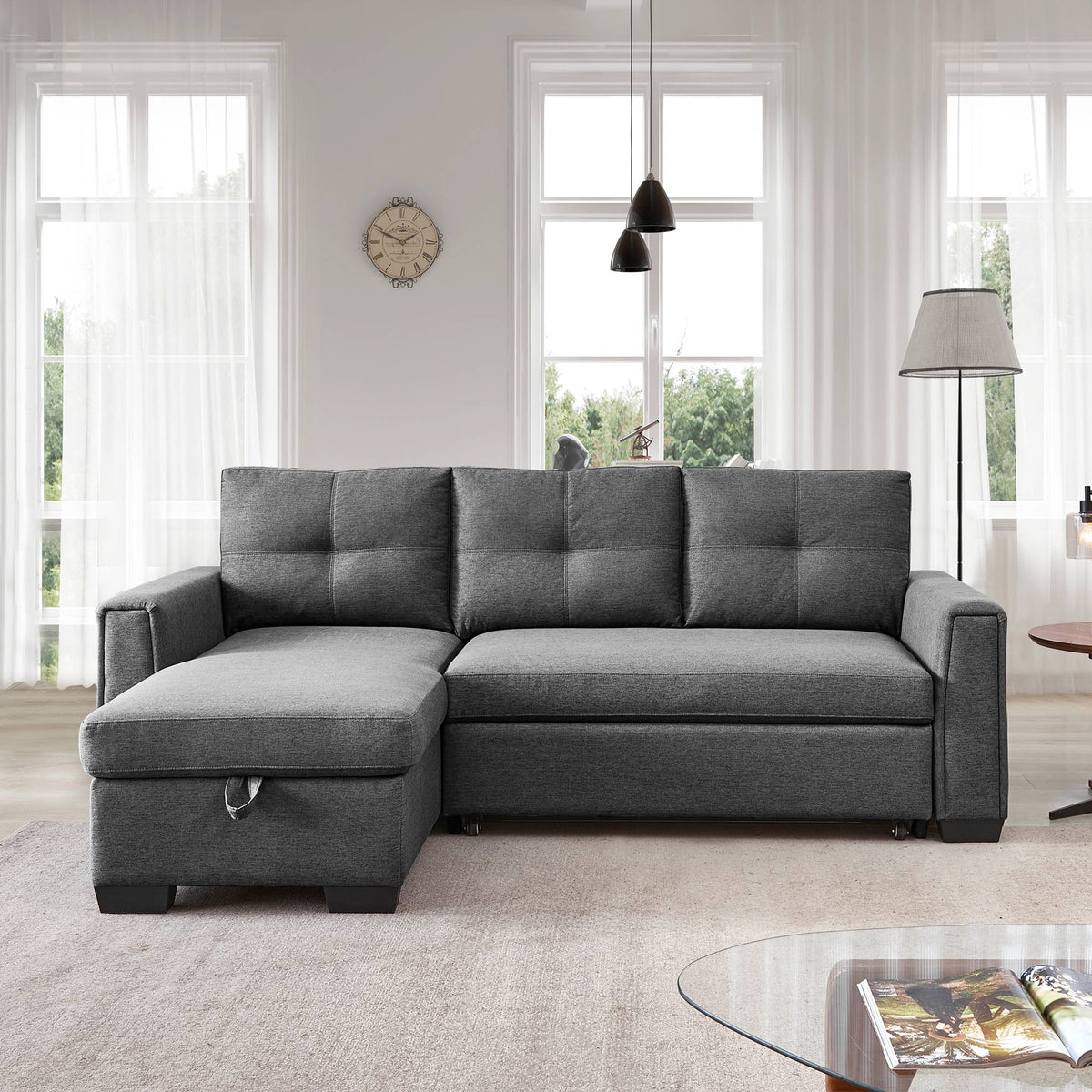 Dark Grey Mammoth 92" Modular Convertible Reversible Sleeper Sectional ...